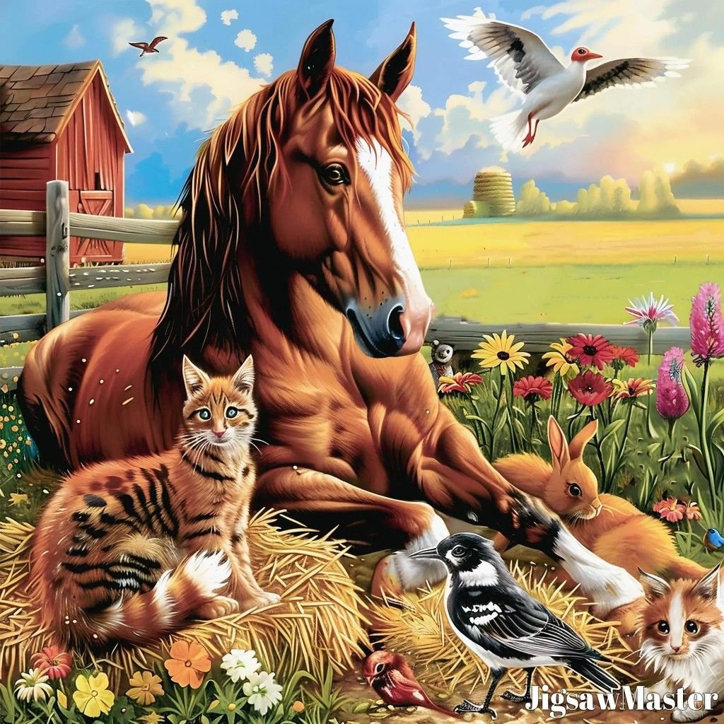 Solve PUZZLE - Horse Laying Down With Animals jigsaw puzzle online with ...