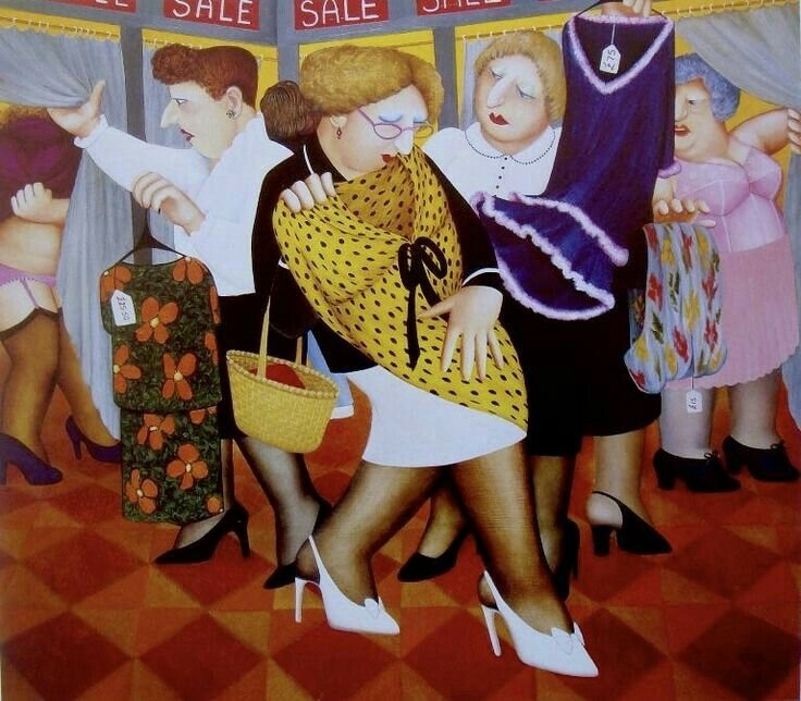 Solve The Sale by Beryl Cook jigsaw puzzle online with 42 pieces