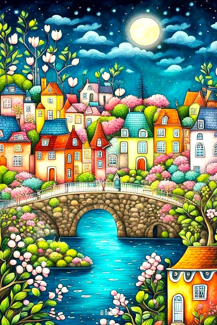 Solve The Colorful Town Beyond the Bridge.... jigsaw puzzle online with ...