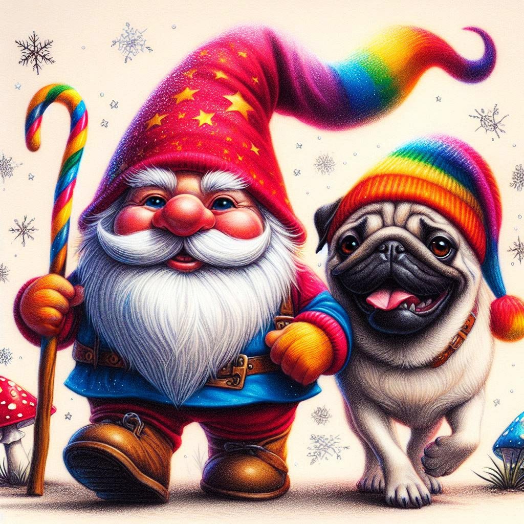 Solve Paul Gnome walking his dog Pugly jigsaw puzzle online with 64 pieces