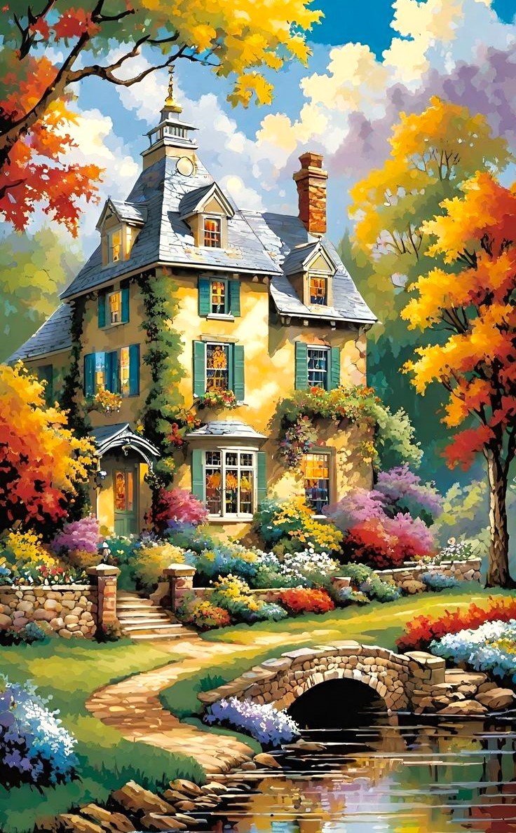 Solve Beautiful Manor House by the Stream,,,, jigsaw puzzle online with ...