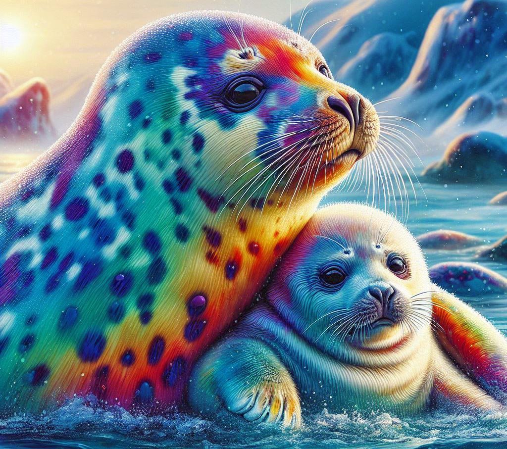 Solve colorful Arctic Seal and her baby jigsaw puzzle online with 42 pieces