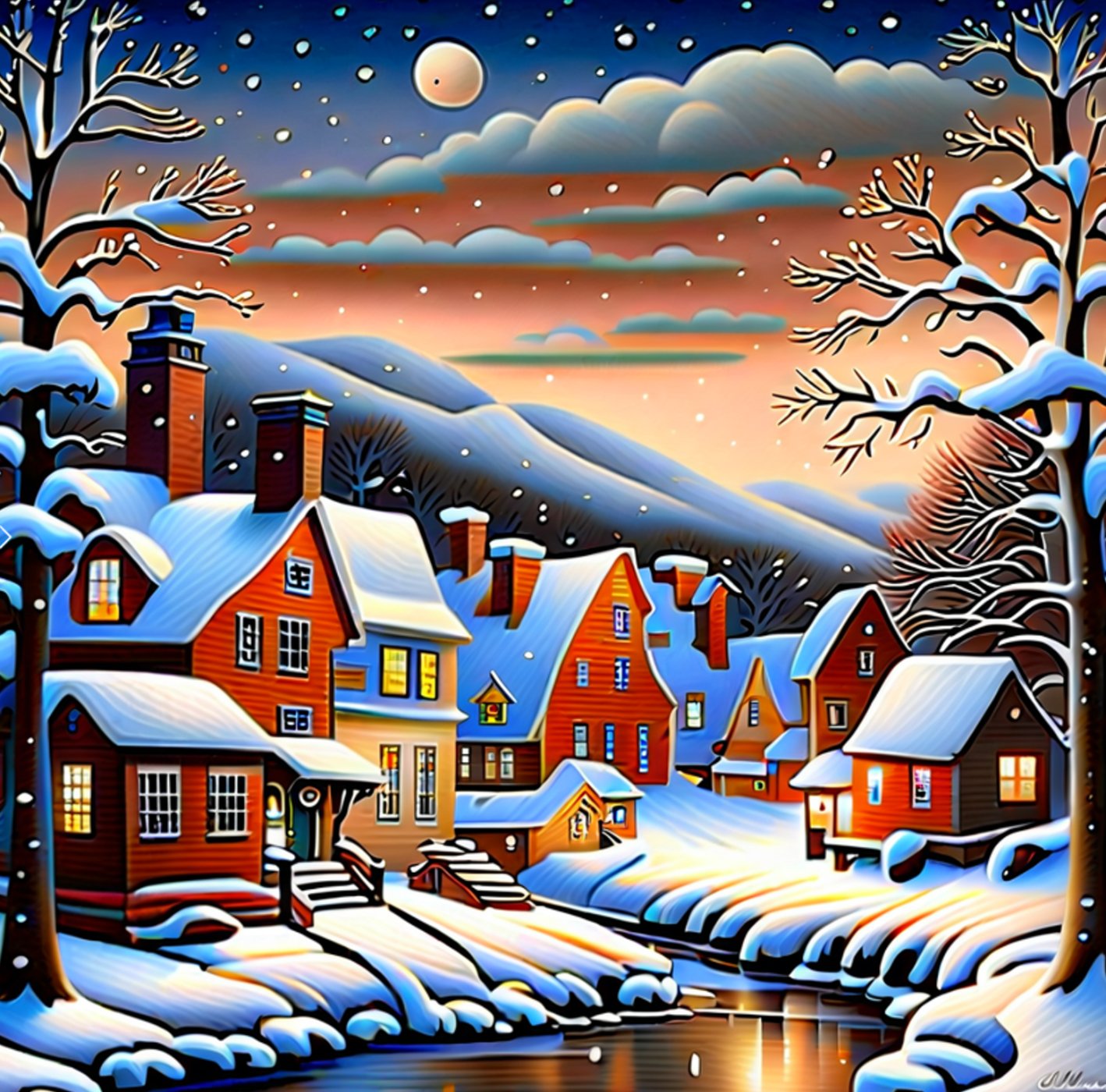 Solve A Snowy Village at Night jigsaw puzzle online with 49 pieces