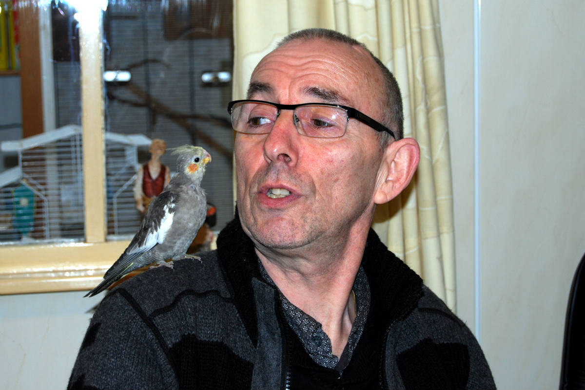 Solve My husband and his tame cockatiel jigsaw puzzle online with 77 pieces