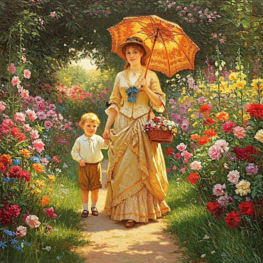 Solve Mother and Son Flower Garden Walk jigsaw puzzle online with 100 ...