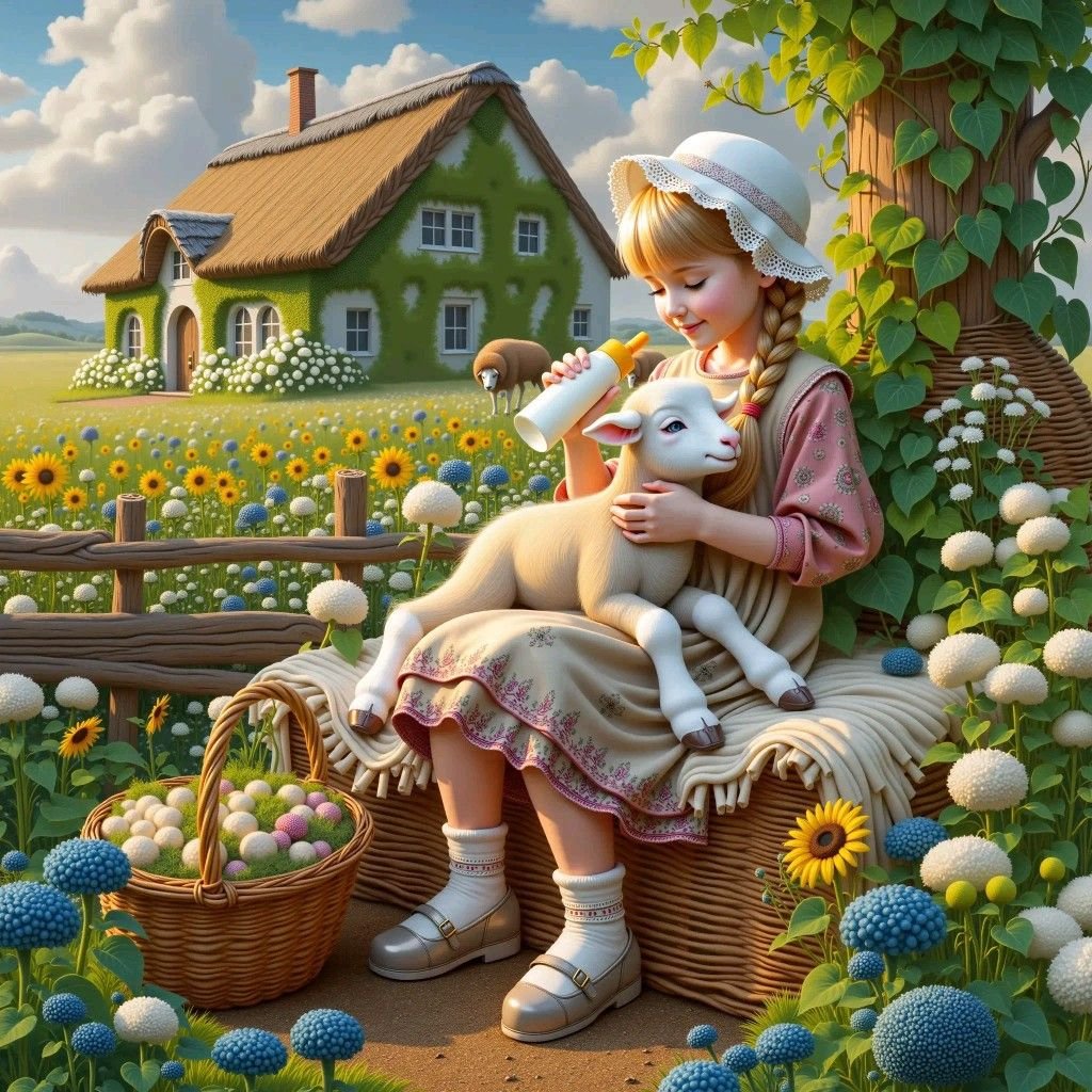 Solve PUZZLE - Little Girl With Her Lamb jigsaw puzzle online with 81 pieces