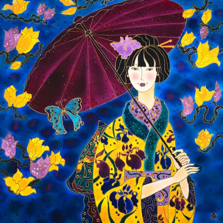 Solve Yelena Sidorova Artwork - 'Japanese Girl in Iris Kimono' jigsaw puzzle online with 64 pieces
