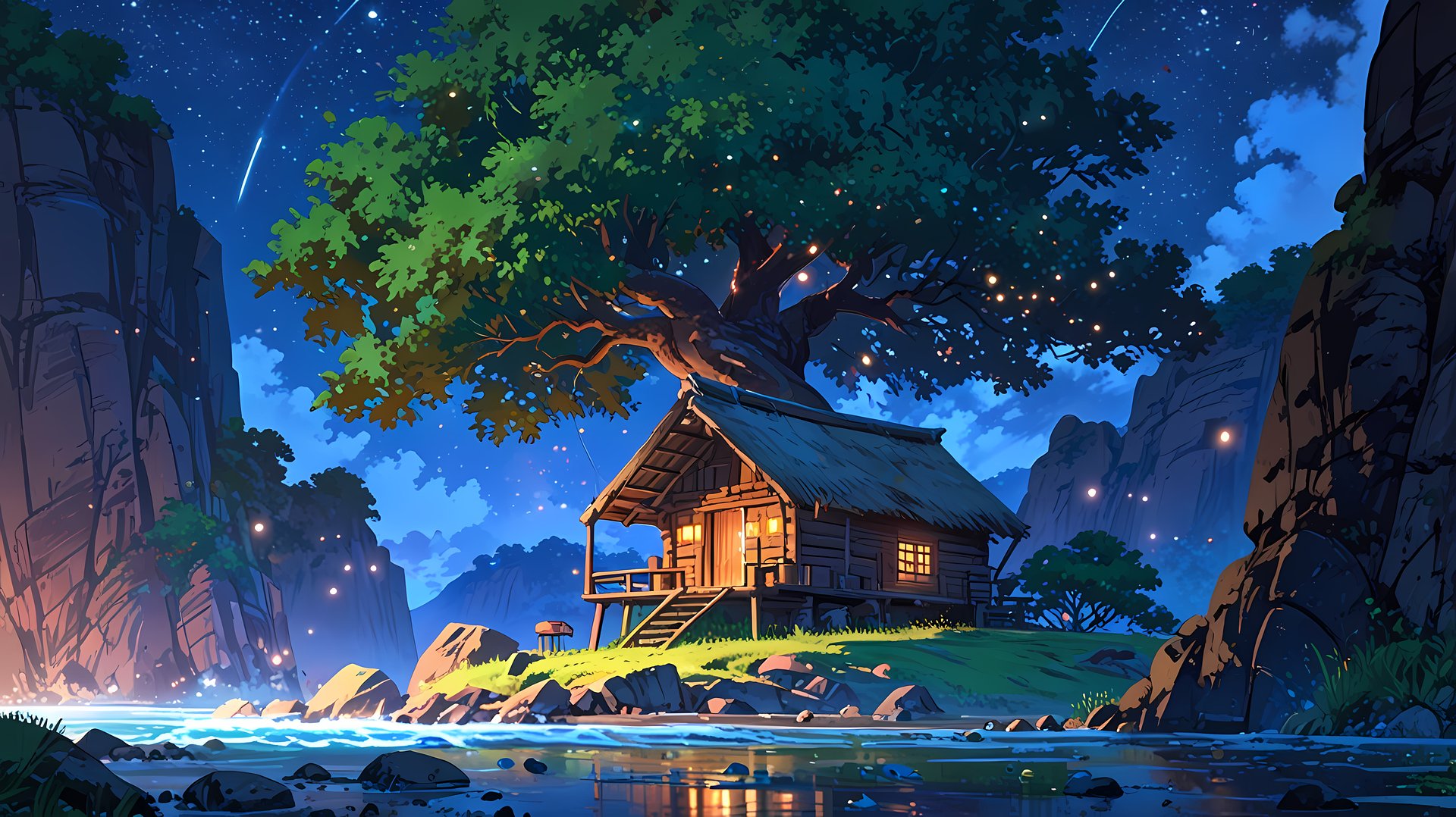 Solve wooden cabin by a river at night, featuring an anime art style ...
