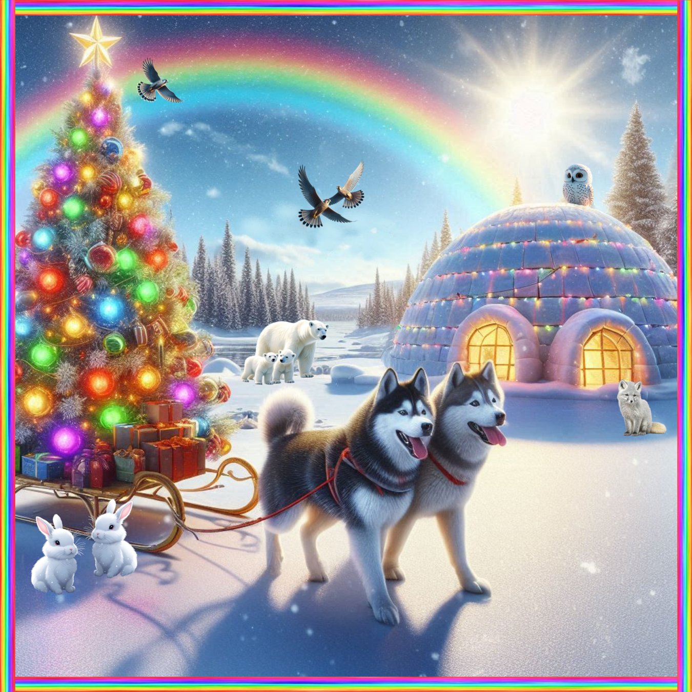 Solve AI Winter Lights and Huskies jigsaw puzzle online with 100 pieces