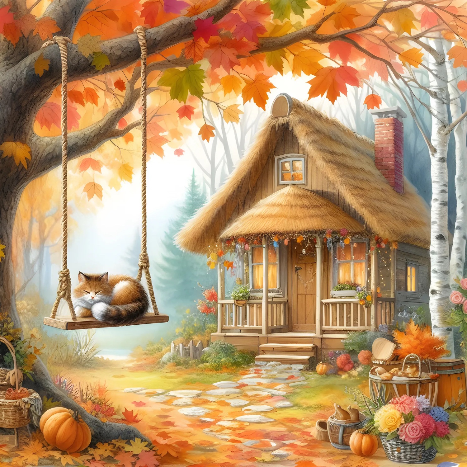 Jigsaw Puzzle | 64 pieces | Fall cabin and cozy cat | Jigidi
