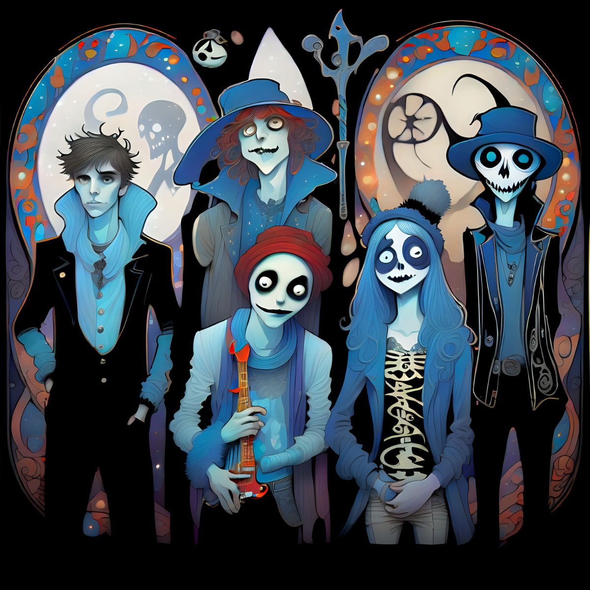 Solve Teenagers in a rock band in the style of Mucha's A robin in ...