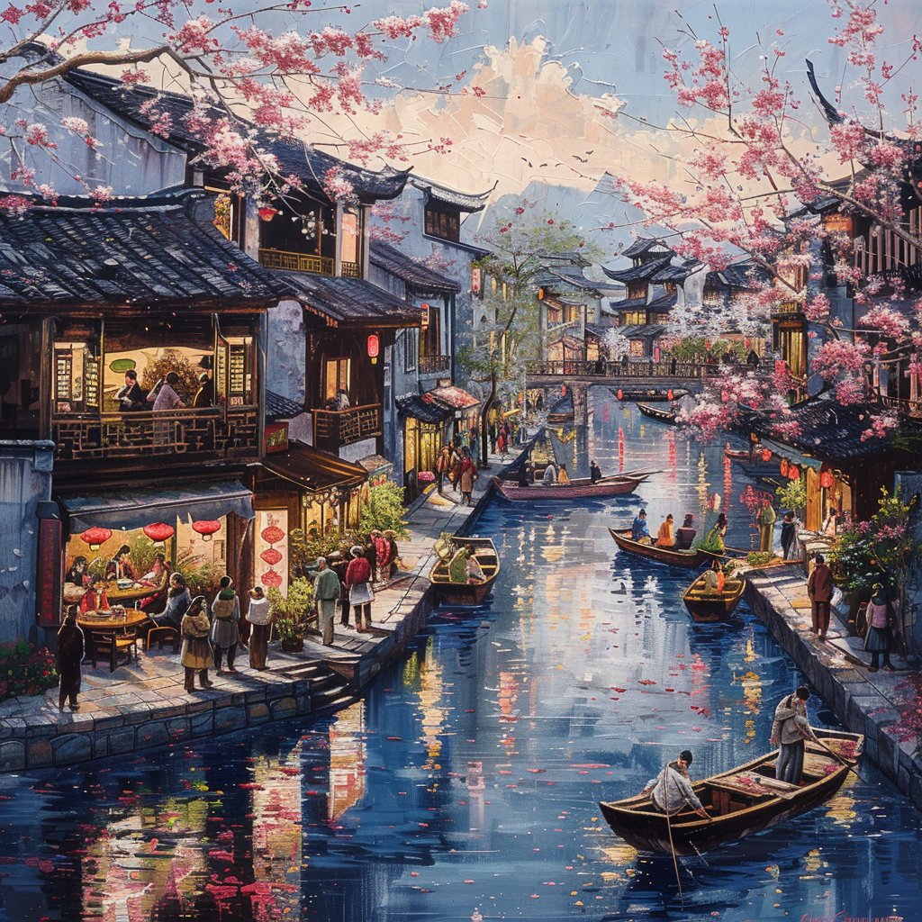 Solve A bustling ancient Chinese street with people, boats and flowers ...