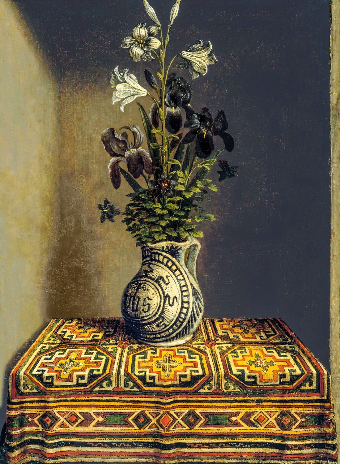 Solve A majolica vase with a bouquet of lily, iris and columbine jigsaw puzzle online with 204 ...