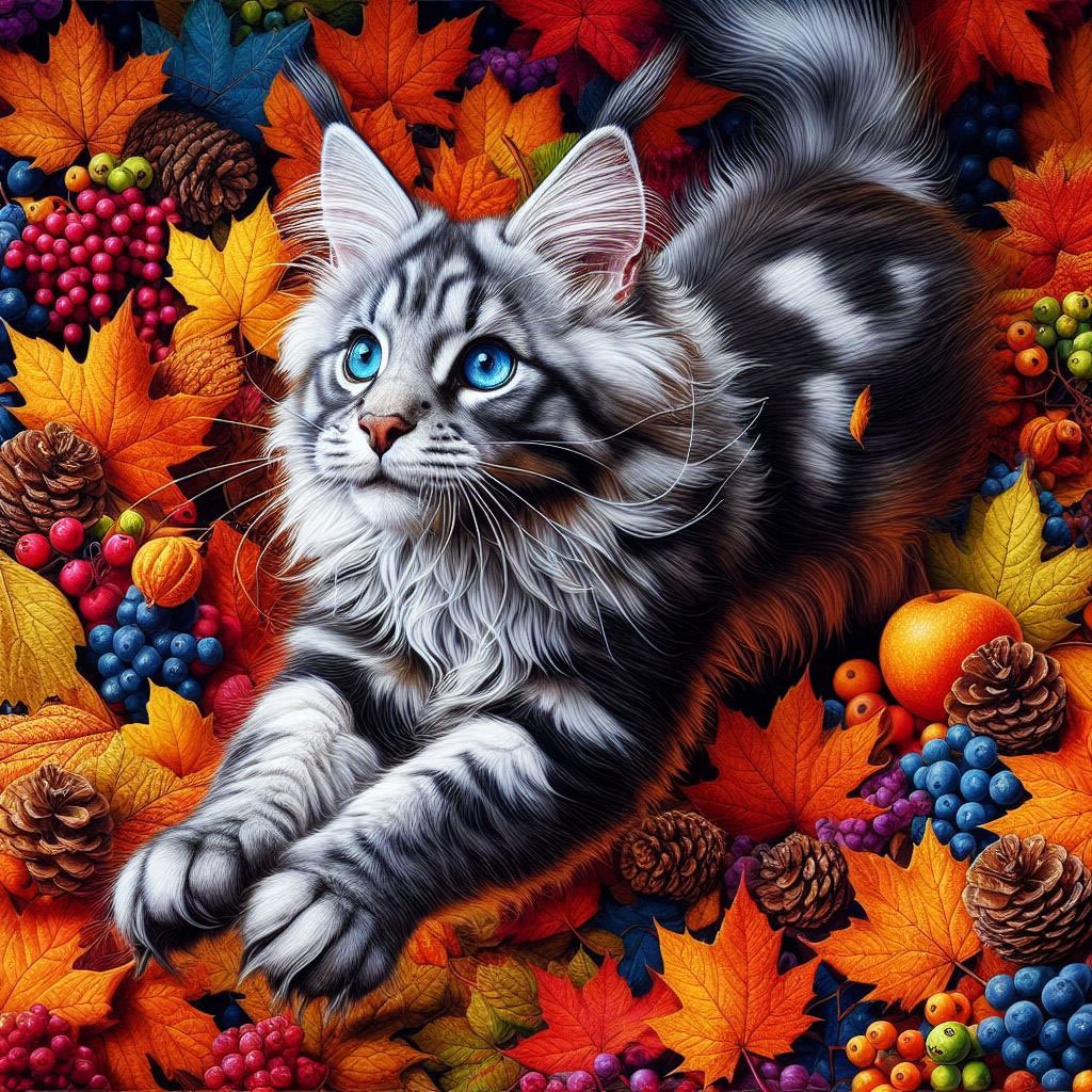Solve Maine Coon Raven, jumping in a pile of autumn leaves, berries ...