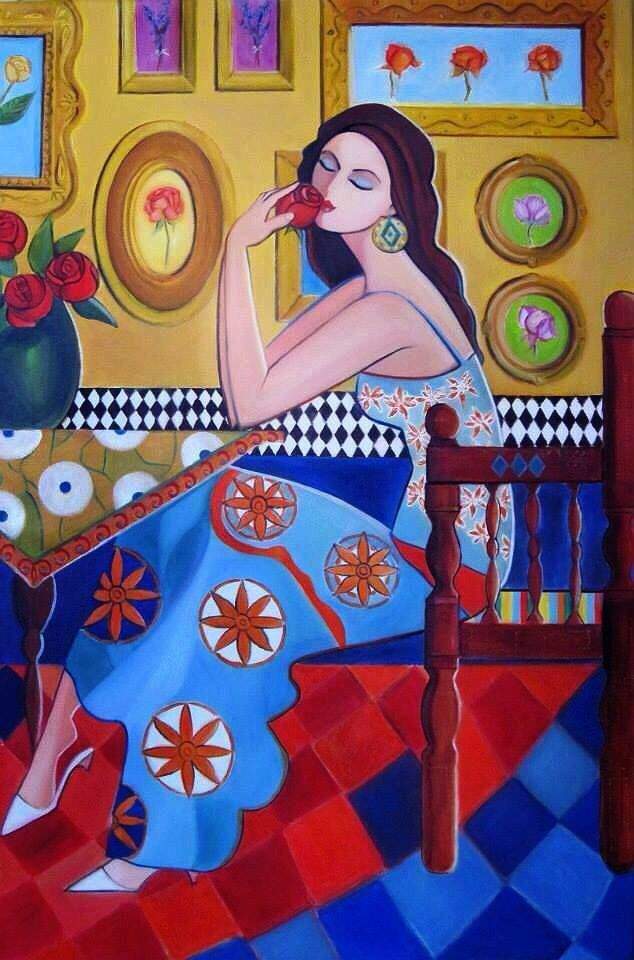 Solve Nadia Osi Art - 'Smelling the Roses' jigsaw puzzle online with 77 ...