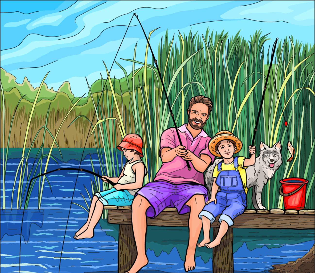 Solve Une journée à la pêche avec papa jigsaw puzzle online with 42 pieces