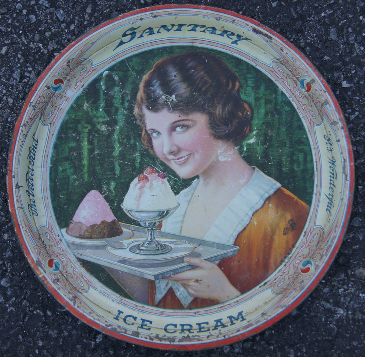 Solve Vintage ice cream ad tray 1920`s jigsaw puzzle online with 144 pieces